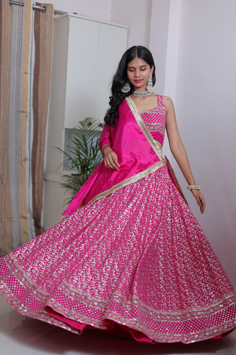 Bright Pink Jacquard Lehenga – Kardhani